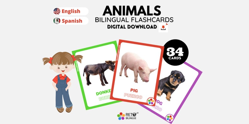ANIMALS Bilingual Montessori Flashcards English // Spanish - Etsy