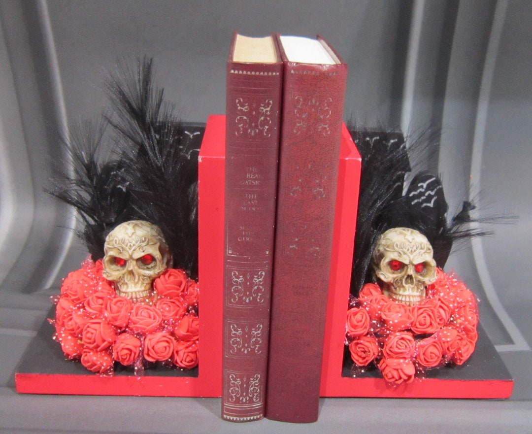 Gothic Bookends With Skulls on a Bed of Red Roses, Pair Bookends in Red ...