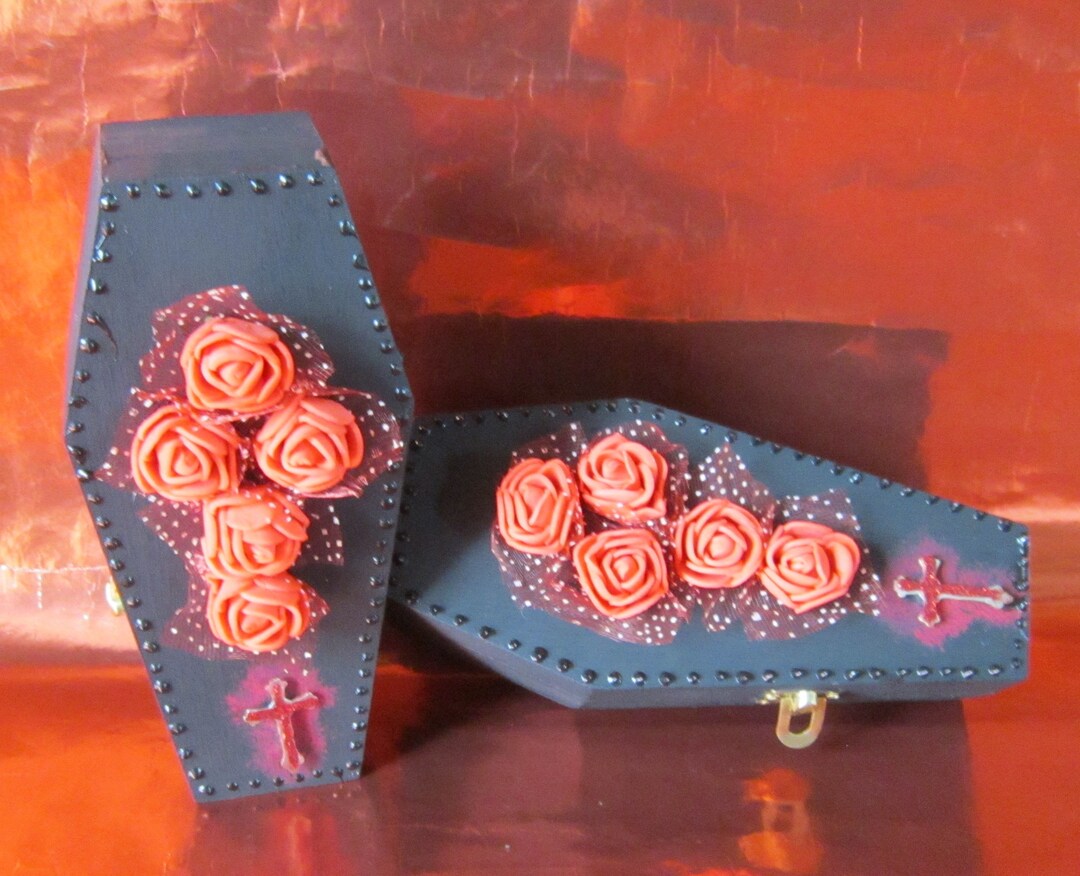 Super Cute Coffin Box, Skeleton Inside a Small Wooden Box, Red Roses ...
