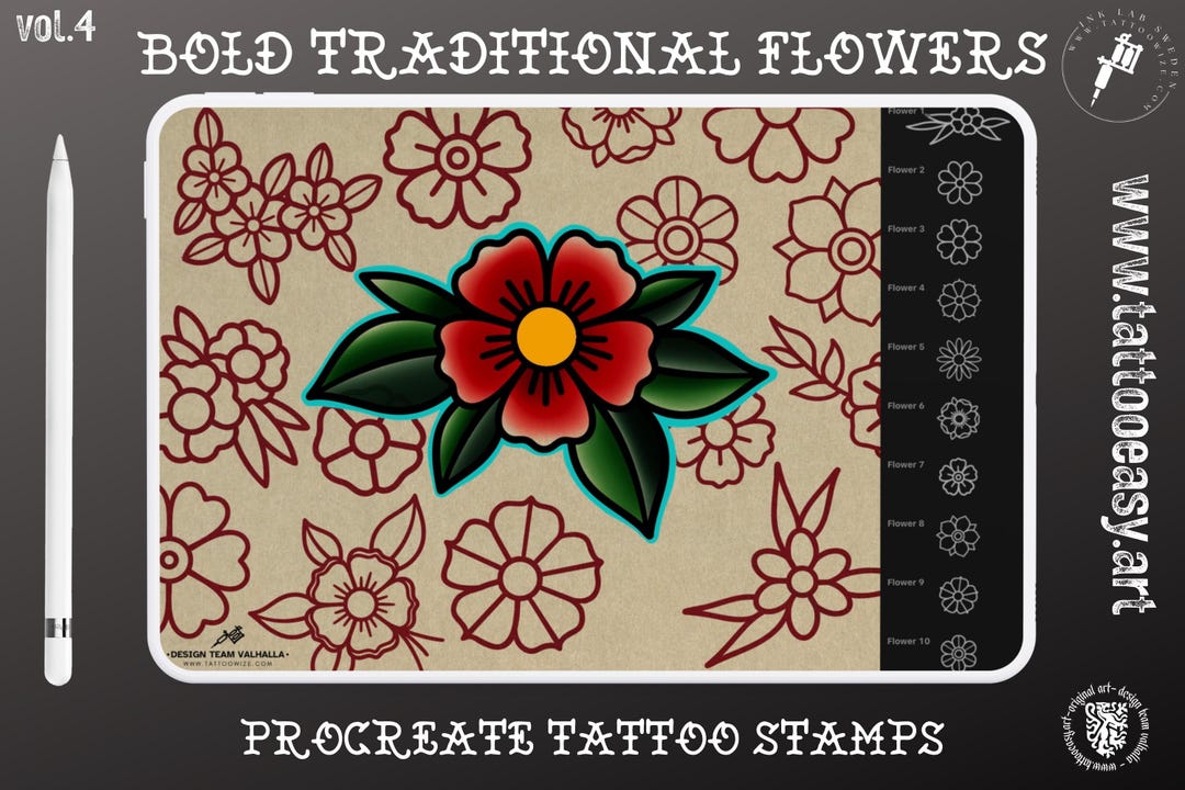 Bold Traditional Tattoo Flowers, Procreate Stamps, SVG, PNG, EPS - Etsy