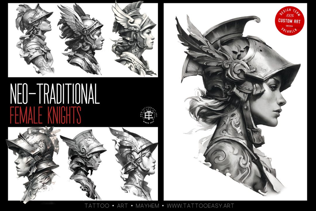 Female Knights - Neo-traditional Templates, Procreate Stamps, Tattoo ...