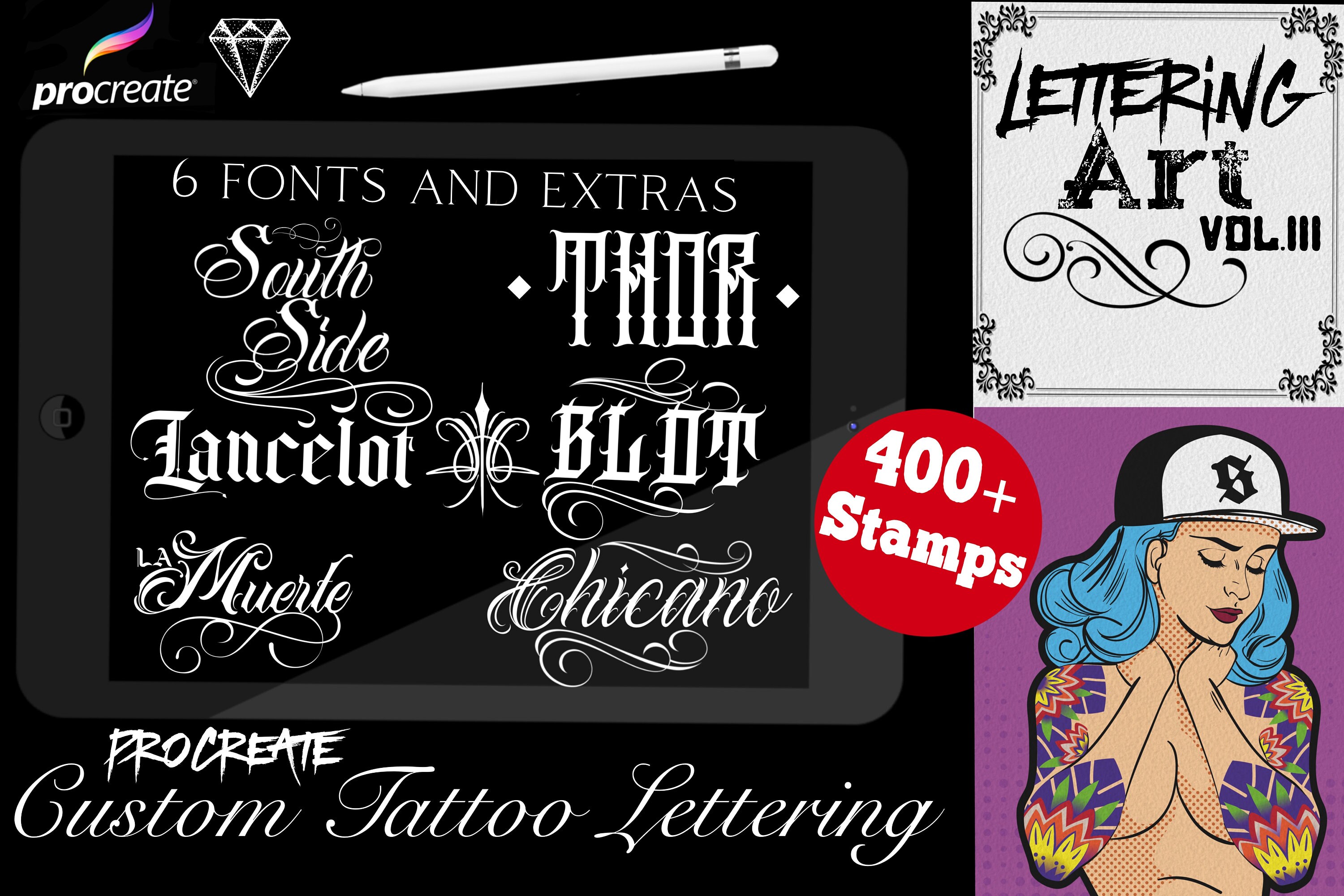 The Lettering Artist XL . Tattoo fonts for Procreate/ lettering design kit