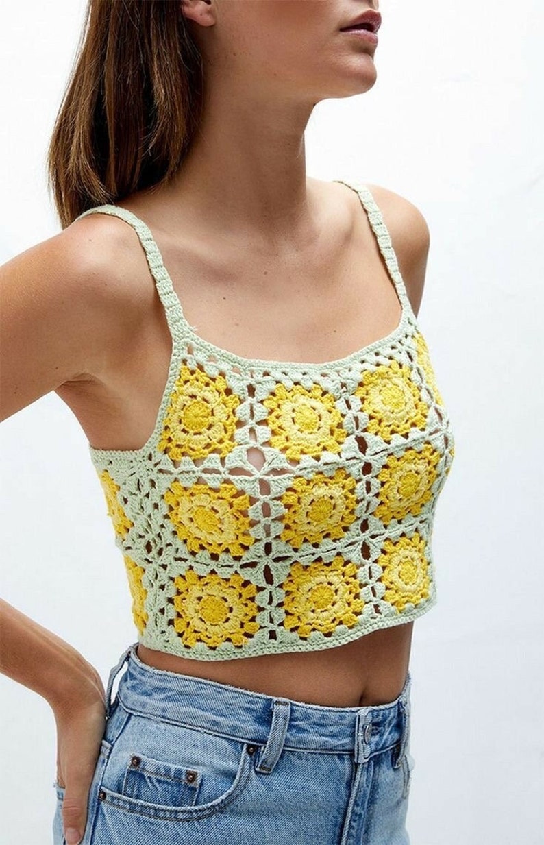Crochet Granny Square Top, Handmade Blue and Yellow Top, Handmade ...