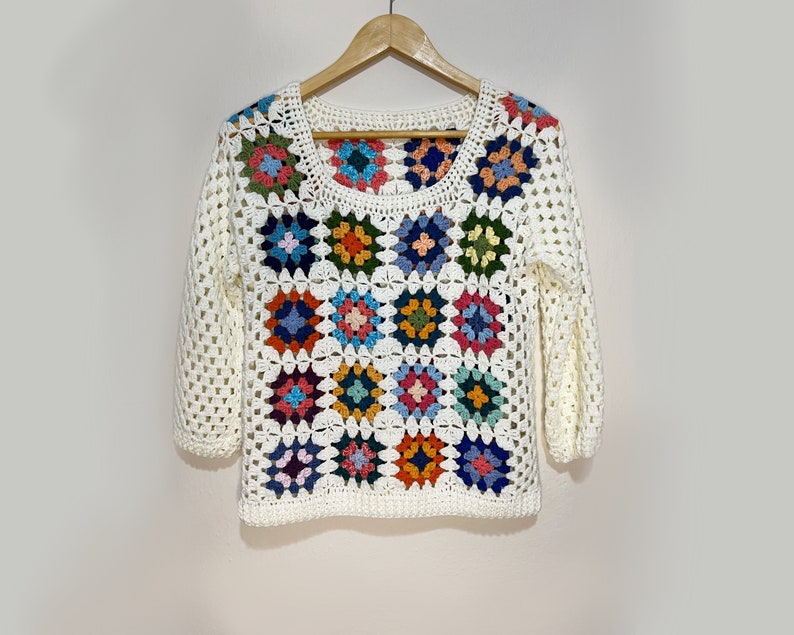 Hand Crocheted Colorful Sweater,wheel Patchwork Wool Long Pullover ...