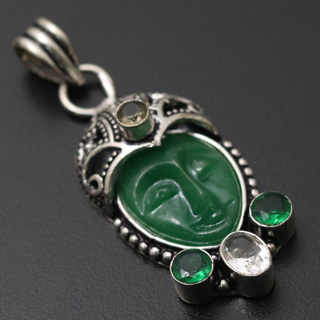 Carved Style Face Peridot Quartz Gemstone Handmade 925 Sterling Silver ...