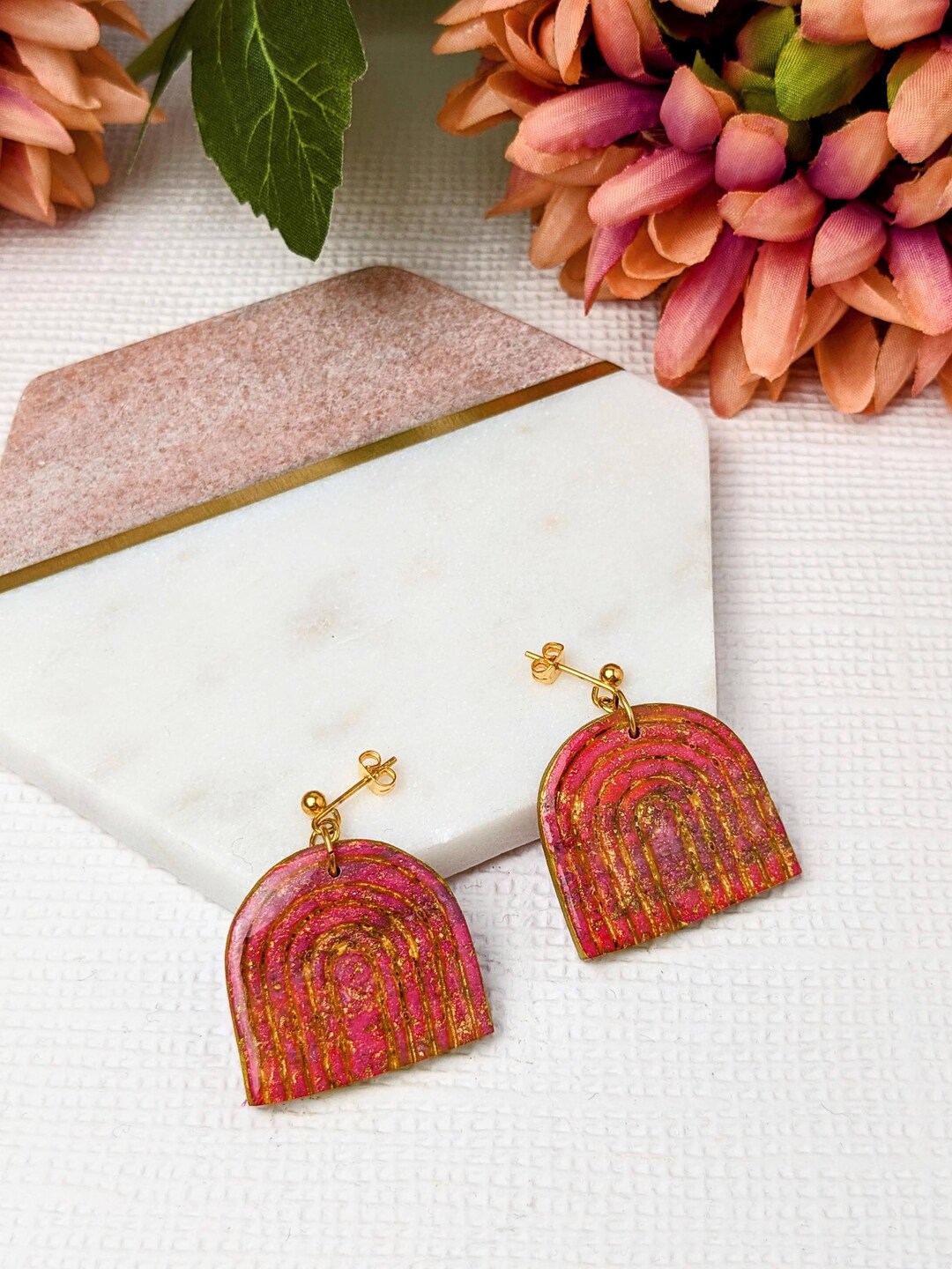 Jayla Pink Marble Detailed Arch Polymer Clay Dangle Earrings - Etsy