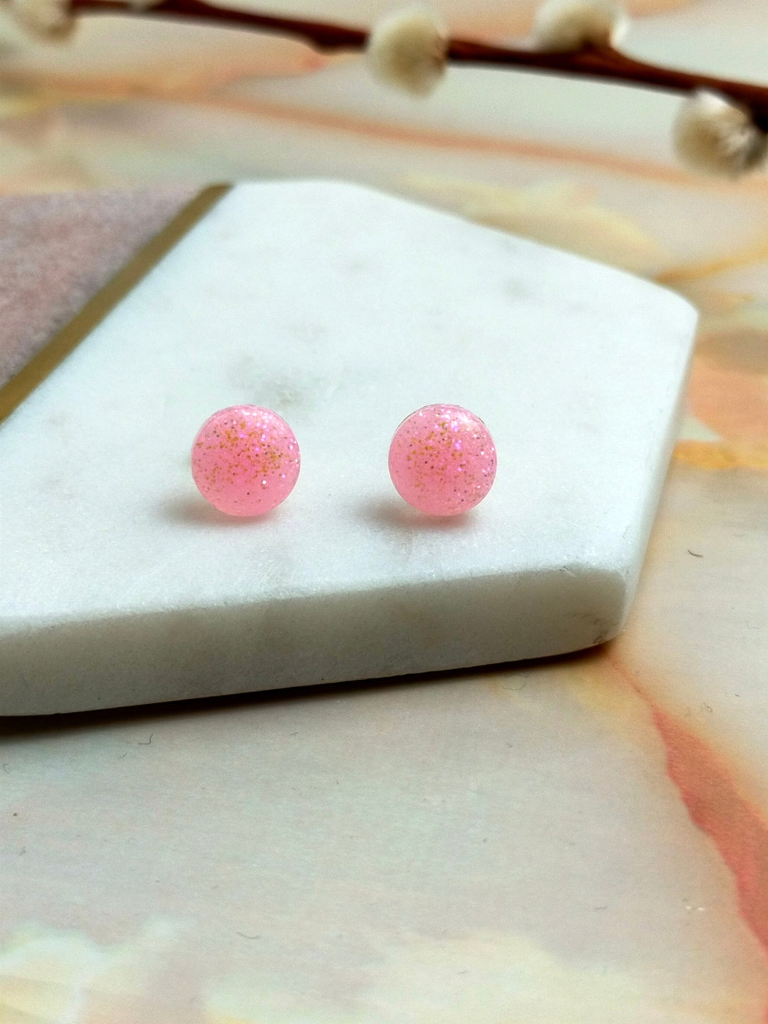 Bridget Bright Pink Glitter Coloured Small Resin Stud Earrings - Etsy