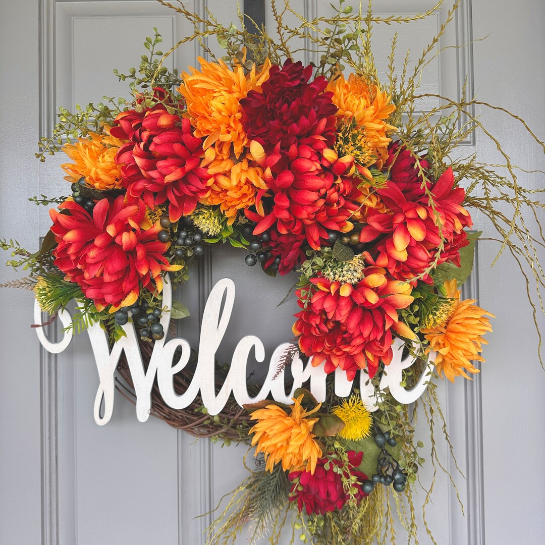 Welcome Mixed Chrysanthemum Flower and Berries Wreath for Front Door ...
