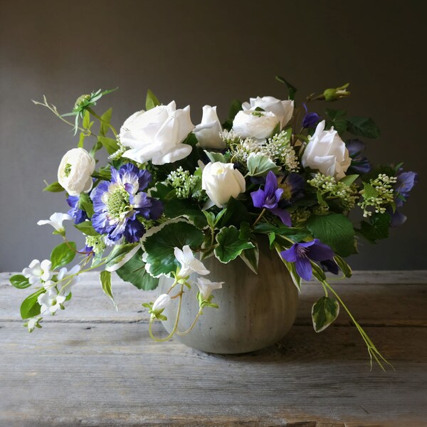 Silk Flower Arrangements in Blue Vase - Etsy