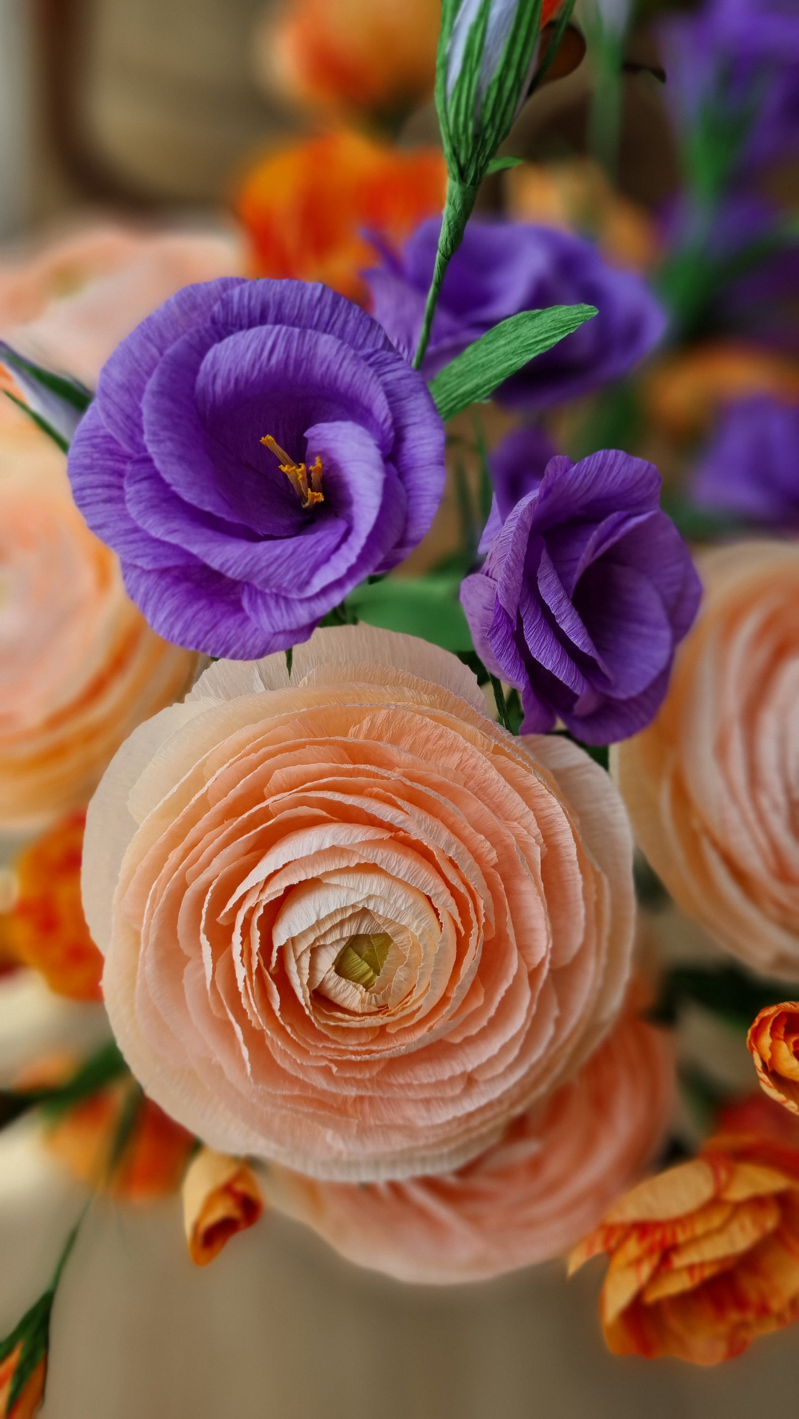Handmade Paper Flower Bouquet: Orange Ranunculus & Purple Eustoma - Etsy