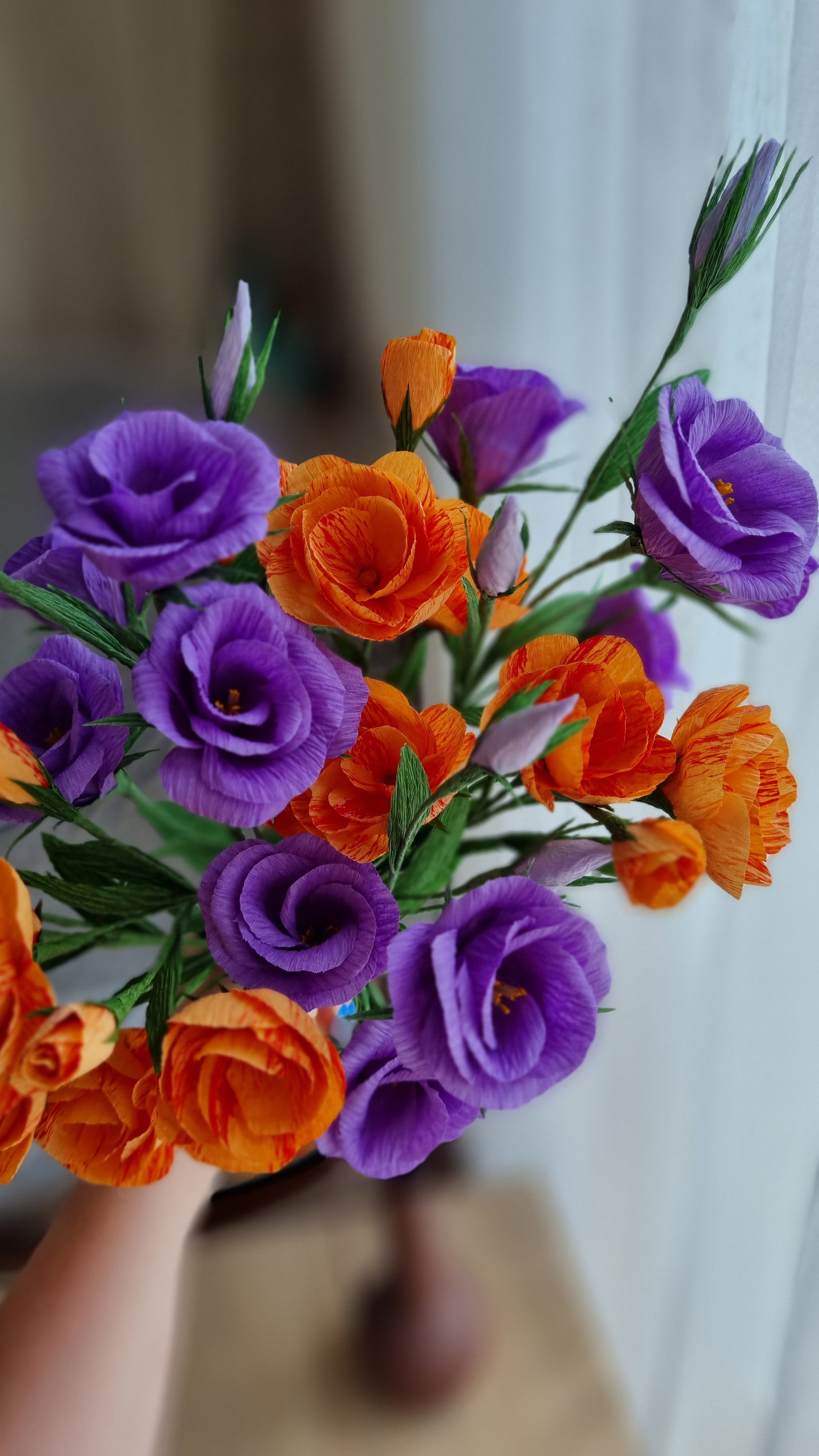 Handmade Paper Flower Bouquet: Orange Ranunculus & Purple Eustoma - Etsy