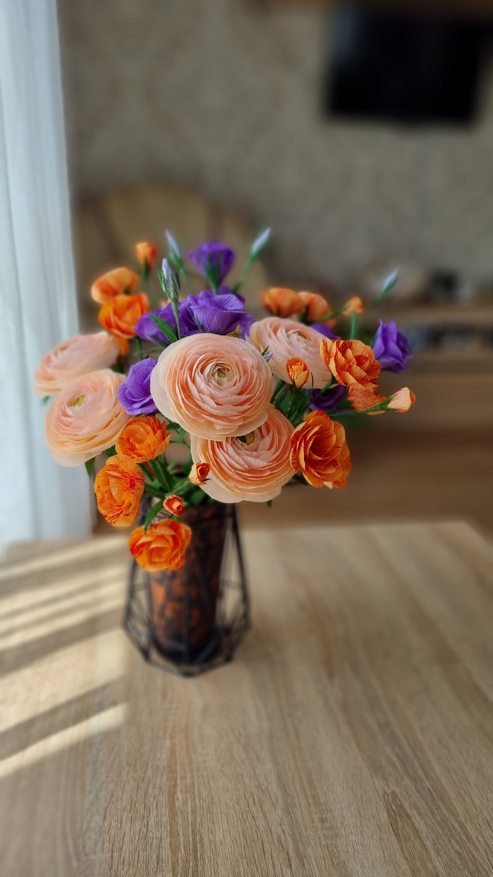 Handmade Paper Flower Bouquet: Orange Ranunculus & Purple Eustoma - Etsy