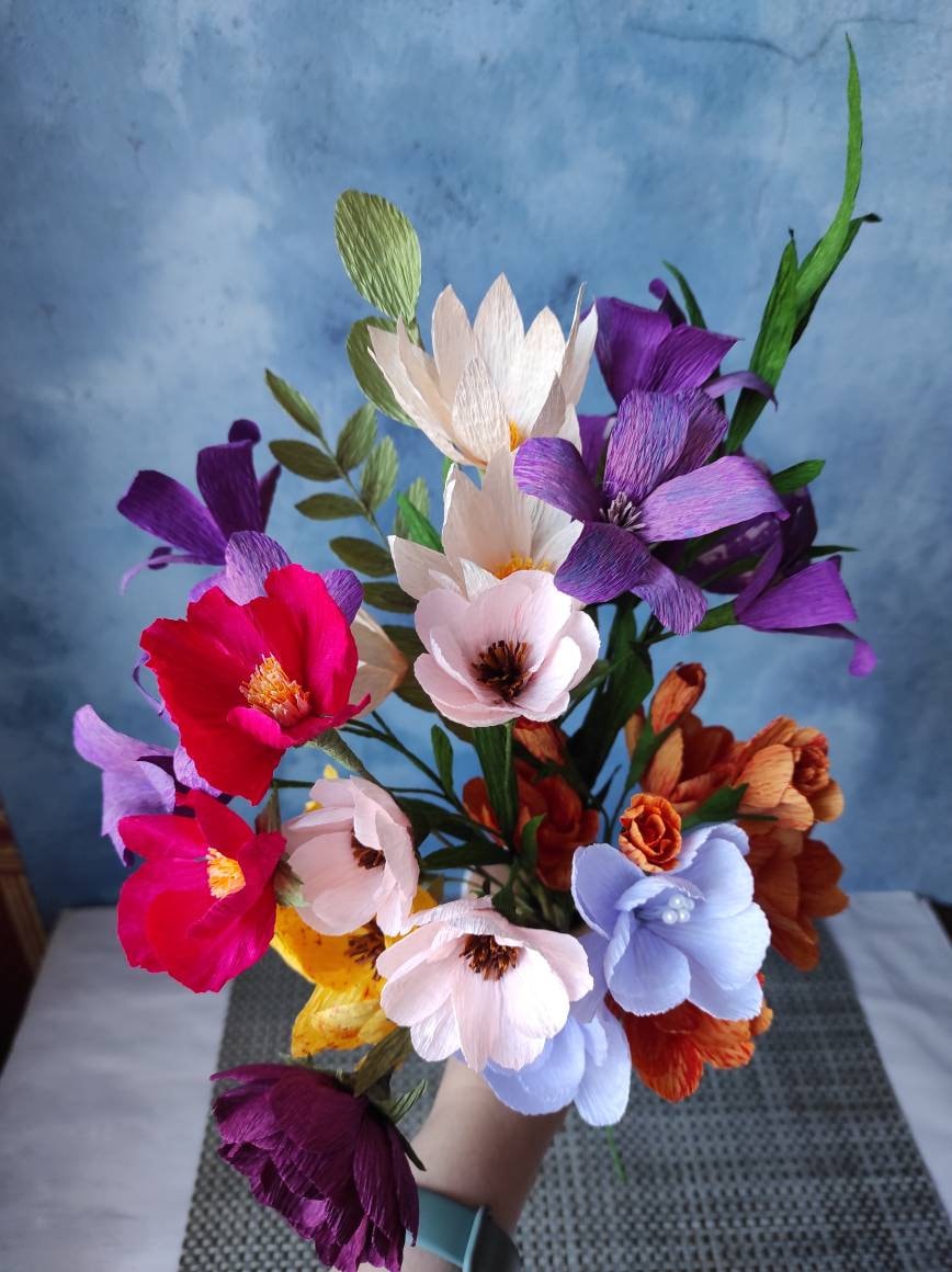 Crepe Paper Flower Bouquet: Handmade Floral Arrangement, Birthday Gift ...