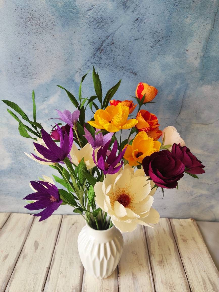 Crepe Paper Flowers Bouquet Birthday Gift Artificial Bright - Etsy