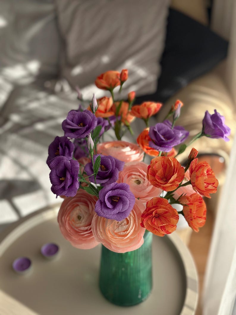 Handmade Paper Flower Bouquet: Orange Ranunculus & Purple Eustoma - Etsy