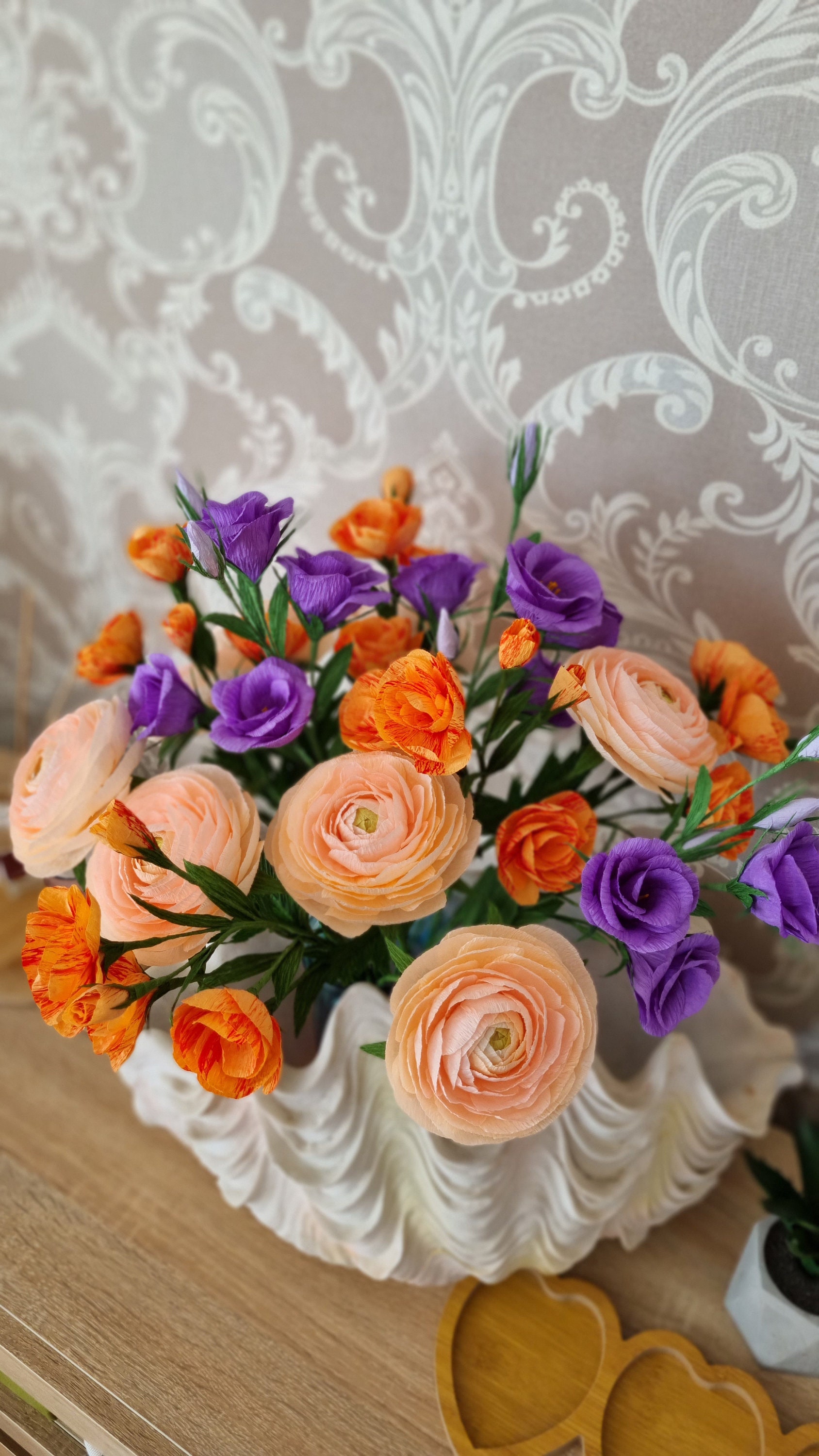 Handmade Paper Flower Bouquet: Orange Ranunculus & Purple Eustoma - Etsy