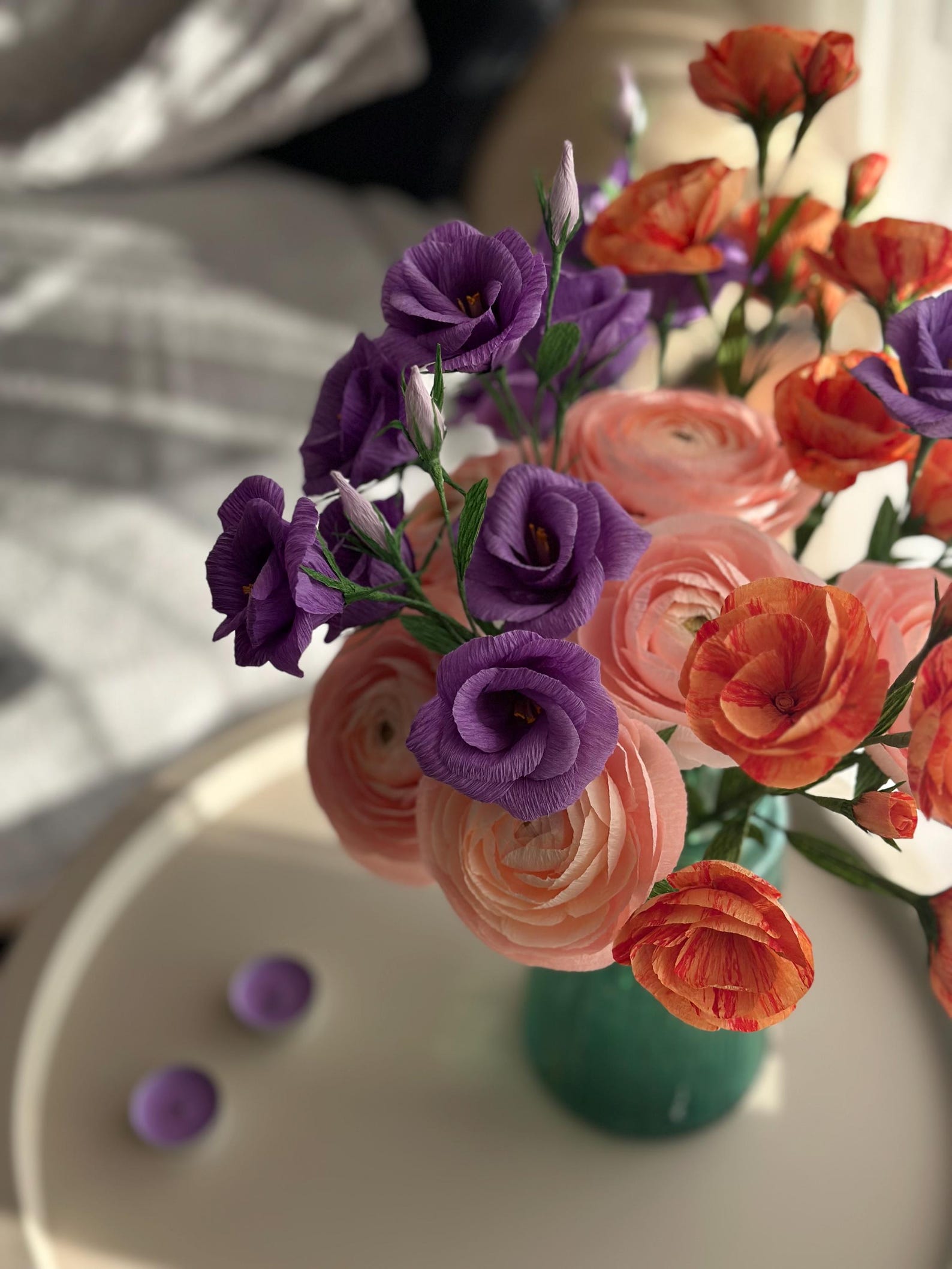 Handmade Paper Flower Bouquet: Orange Ranunculus & Purple Eustoma - Etsy