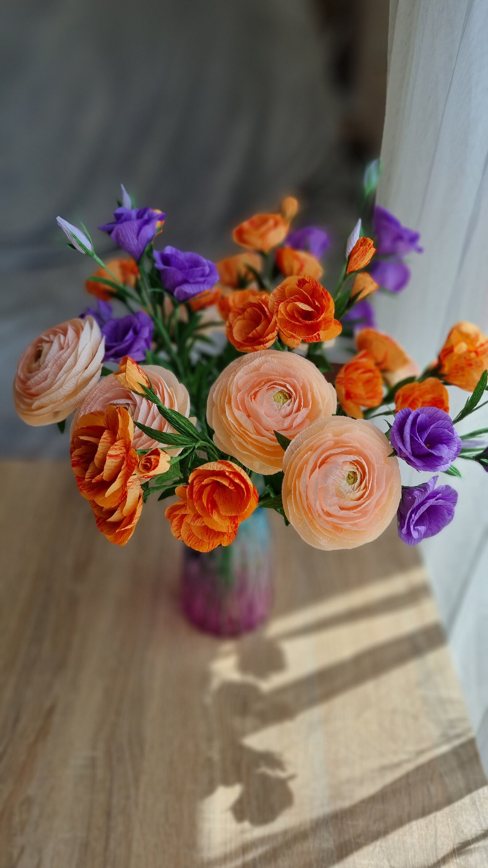 Handmade Paper Flower Bouquet: Orange Ranunculus & Purple Eustoma - Etsy