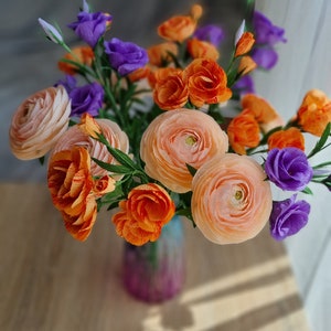 Handmade Paper Flower Bouquet: Orange Ranunculus & Purple Eustoma - Etsy