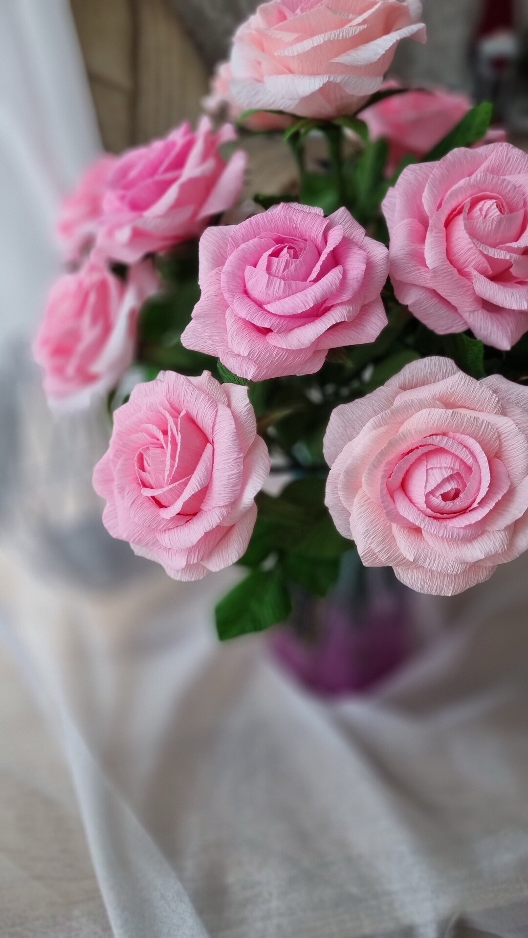 Handmade Pink Rose Bouquet, Crepe Paper Flower Wedding Decor, Romantic ...