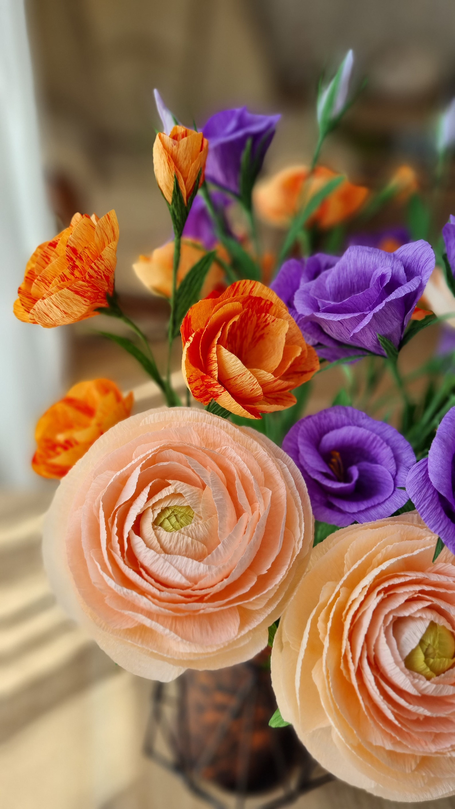 Handmade Paper Flower Bouquet: Orange Ranunculus & Purple Eustoma - Etsy