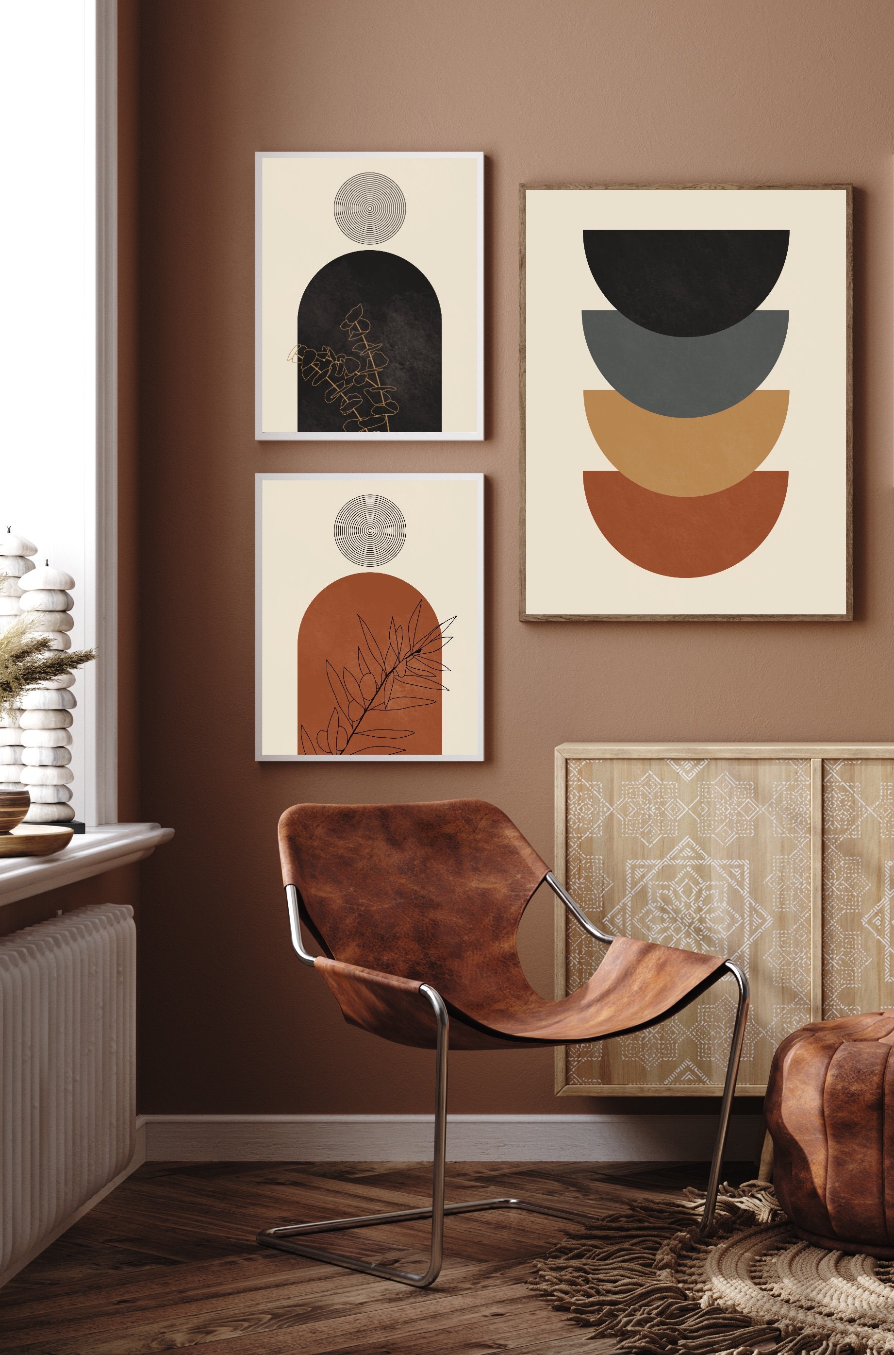 Set Of 3 Burnt Orange Mid Century Modern Abstract Botanical Etsy