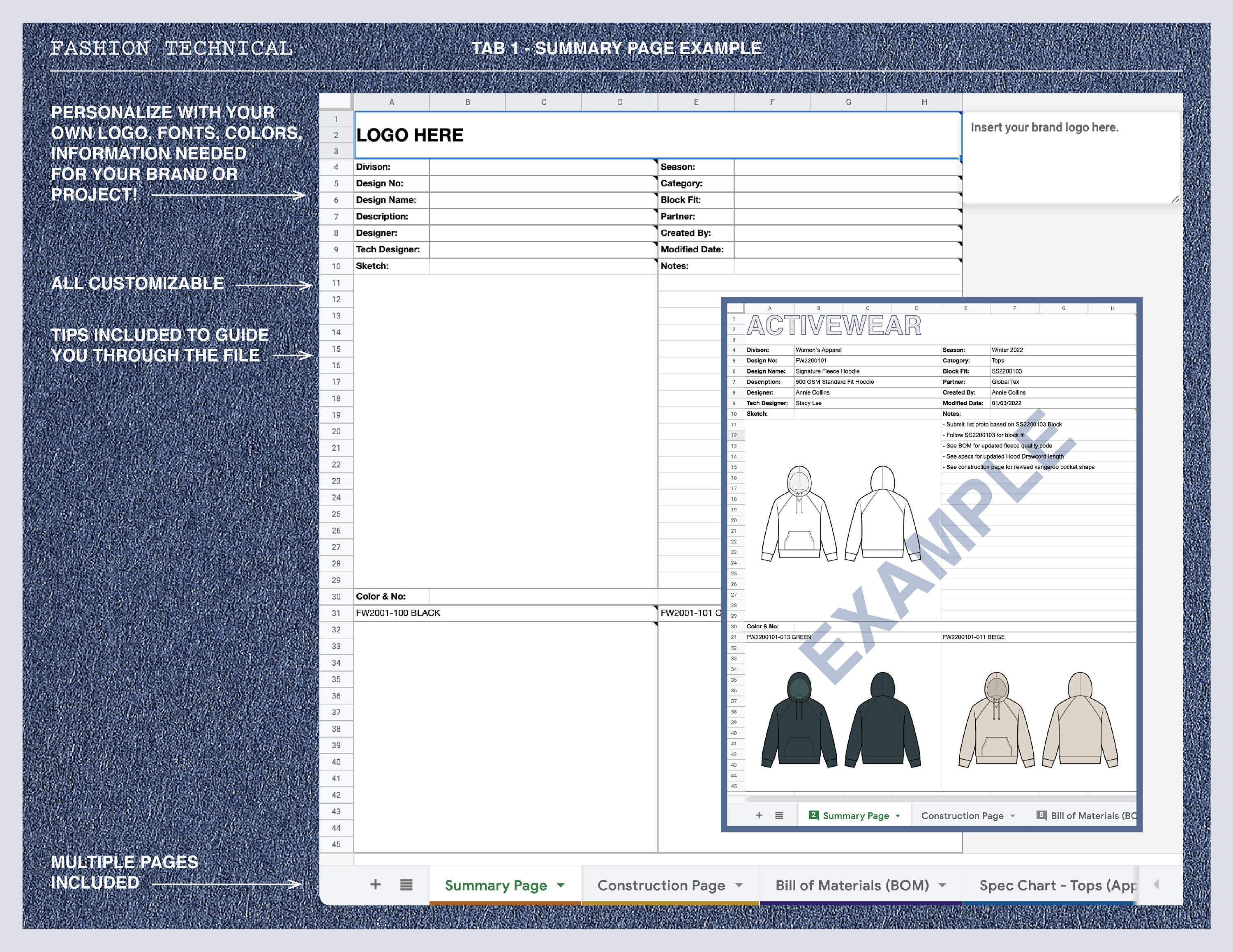 Fashion Tech Pack Template & Measurement Charts - Etsy