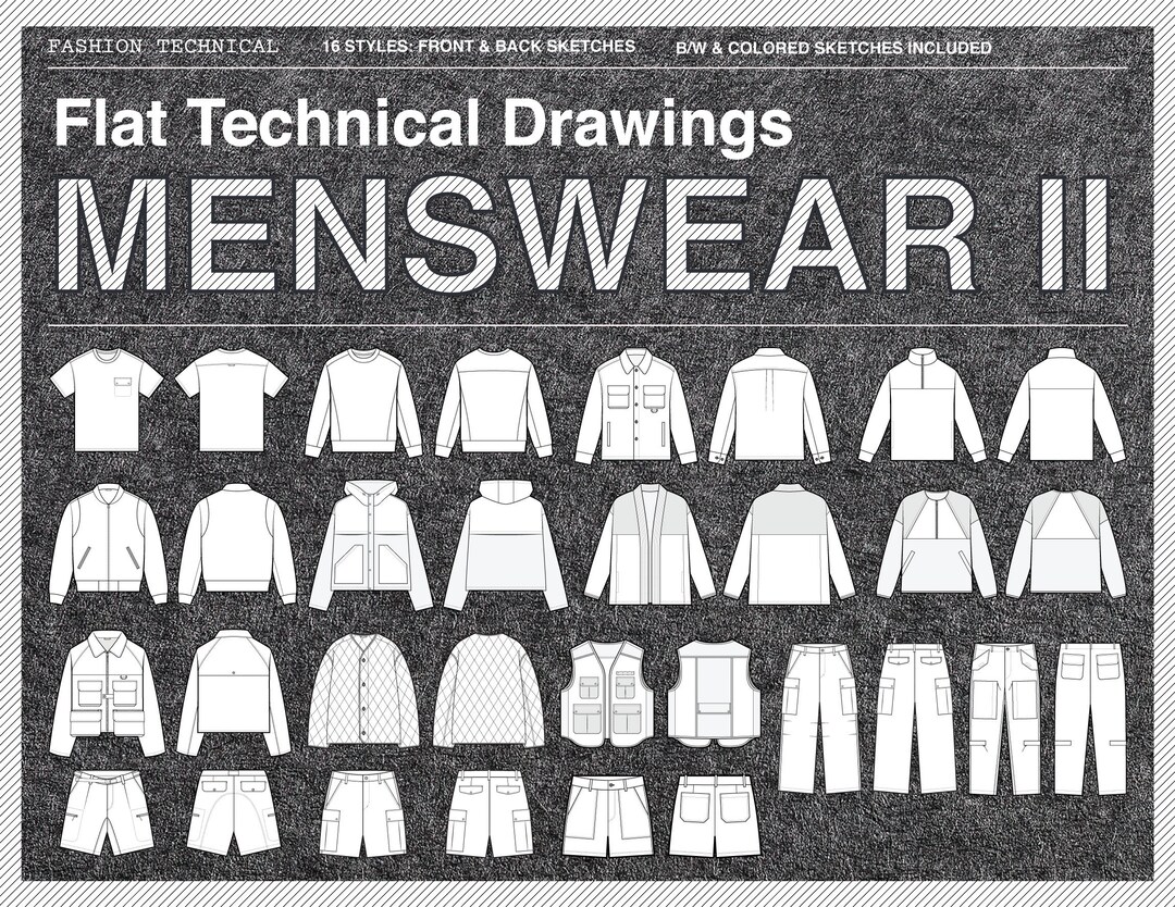 Flat Technical Drawings - Menswear II (16 B/W & Colored Vector Sketches ...