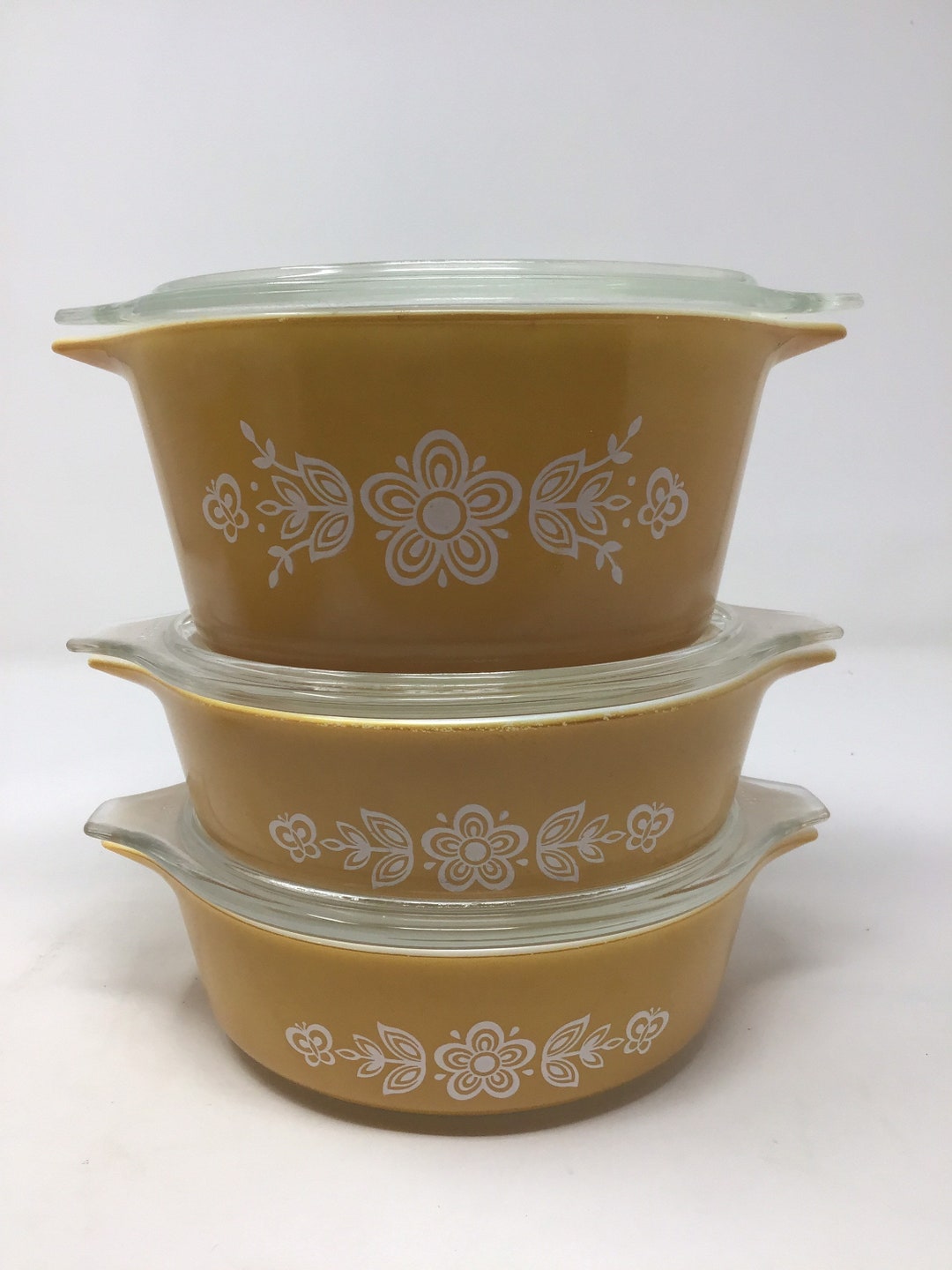 Vintage Pyrex Butterfly Gold Pattern Set of Three Small Casserole ...