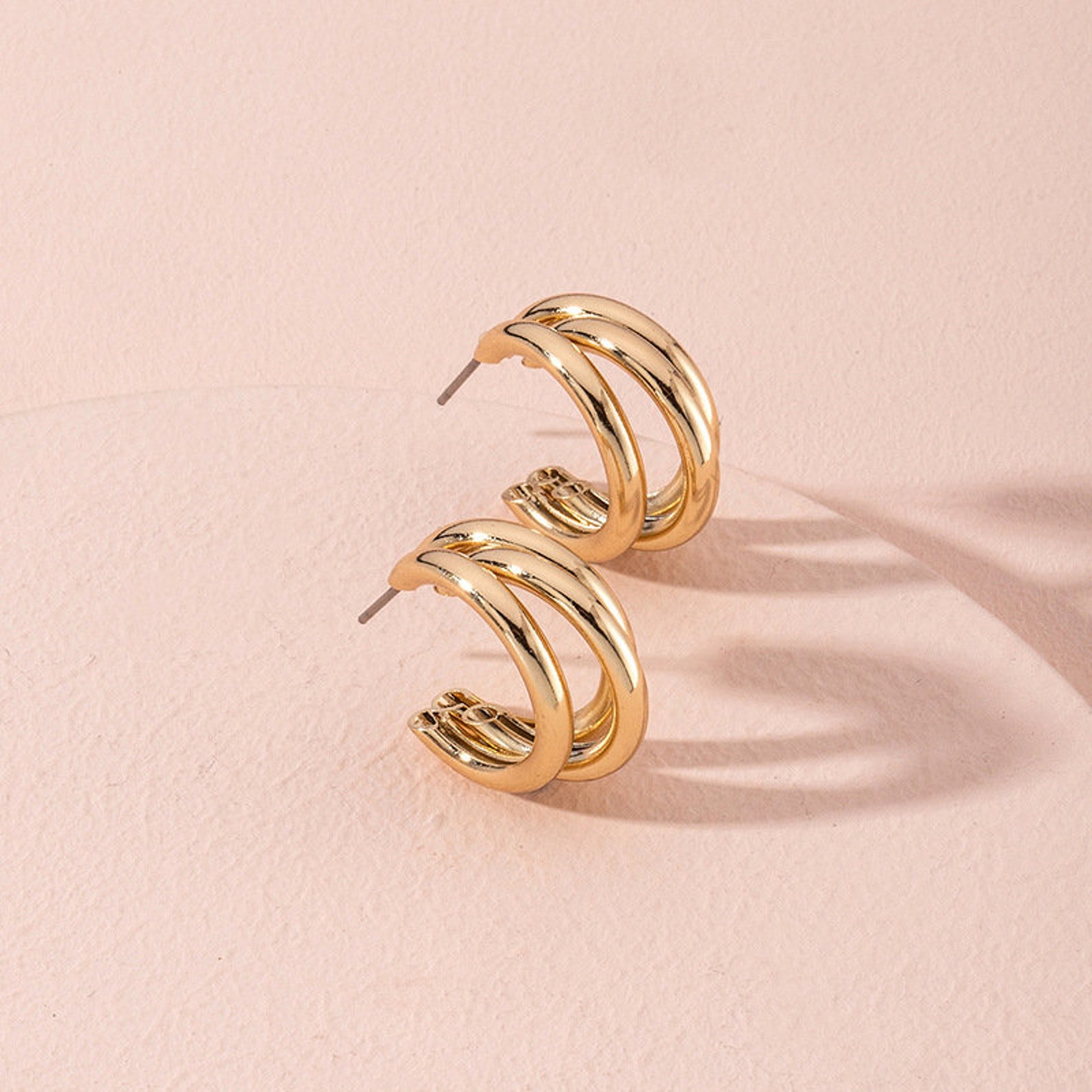 Gold Triple Hoop Earrings Statement Hoop Earrings Three | Etsy UK