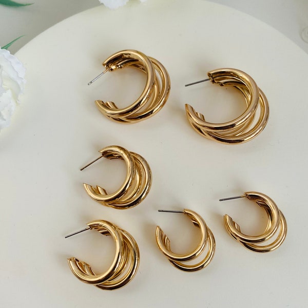 Gold Triple Hoop Earrings - Etsy