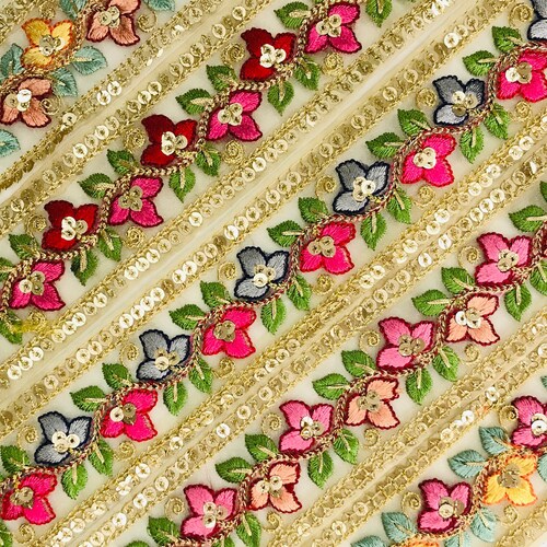 Blue Floral Embroidered Net Fabric Border Ribbons Laces - Etsy