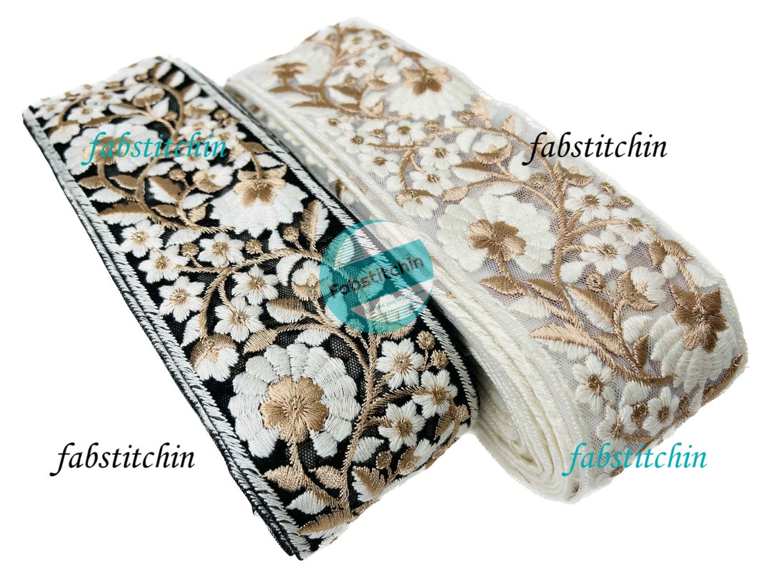Net Fabric Floral Embroidered Ribbon Trim-saree Border Indian Lace Trim ...