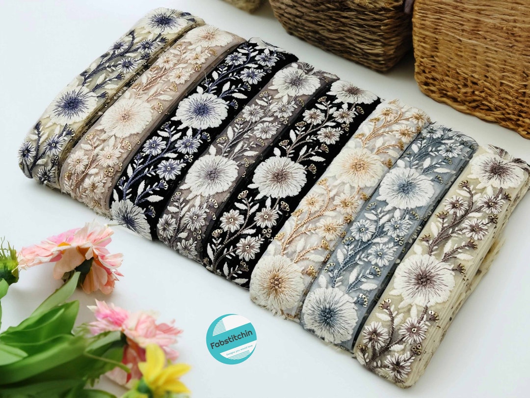 White Floral Embroidery Sari Ribbon Trims Embellishment Tape DIY ...