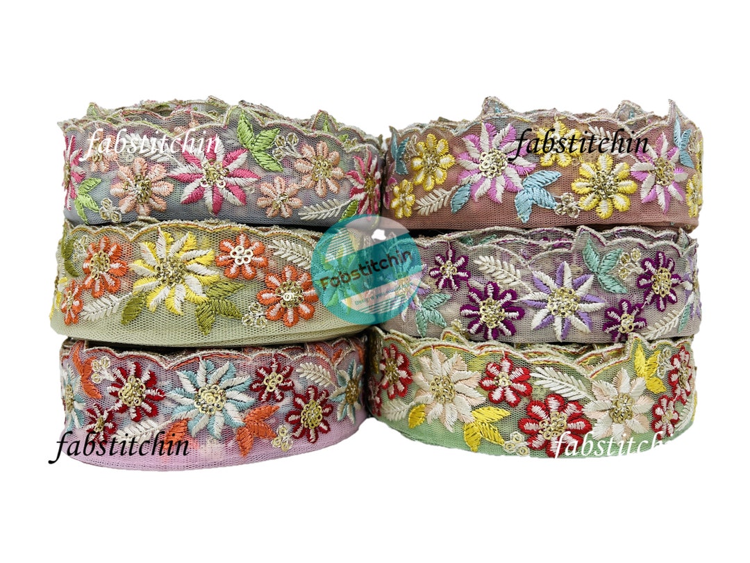 Multi Color Floral Embroidered Net Trim, Pink, Red, Purple, Floral ...
