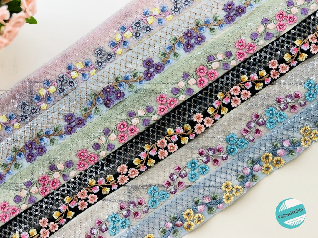 9 Yards Floral Embroidered Silk Fabric Border Ribbons Laces Trims From ...