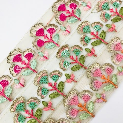 Blue Floral Embroidered Net Fabric Border Ribbons Laces - Etsy