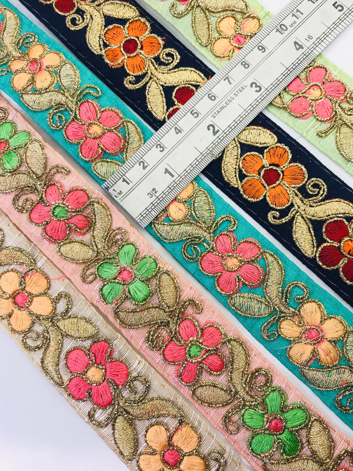 Beautiful Floral Embroidered Silk Fabric Border Ribbons | Etsy