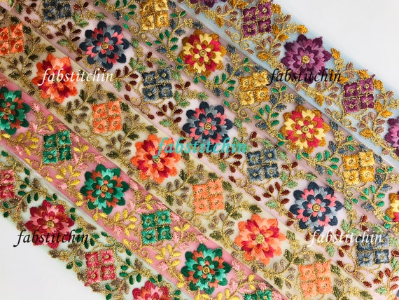 Floral Net Fabric Trim-Multi Colour Embroidered Sari | Etsy