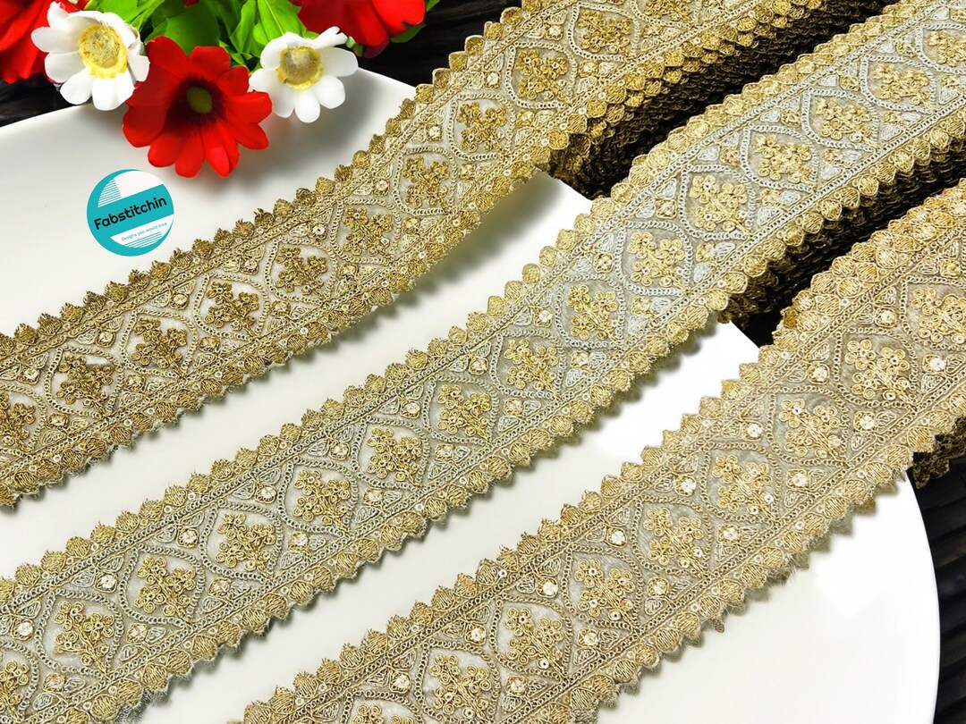 Golden Zari Floral Embroidered Organza Fabric Zardozi Border Ribbons ...