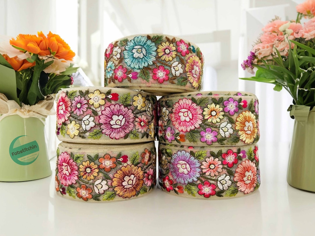 Flower Embroidery Ribbon Fabric Trim by the Yard Indian Sari Border ...
