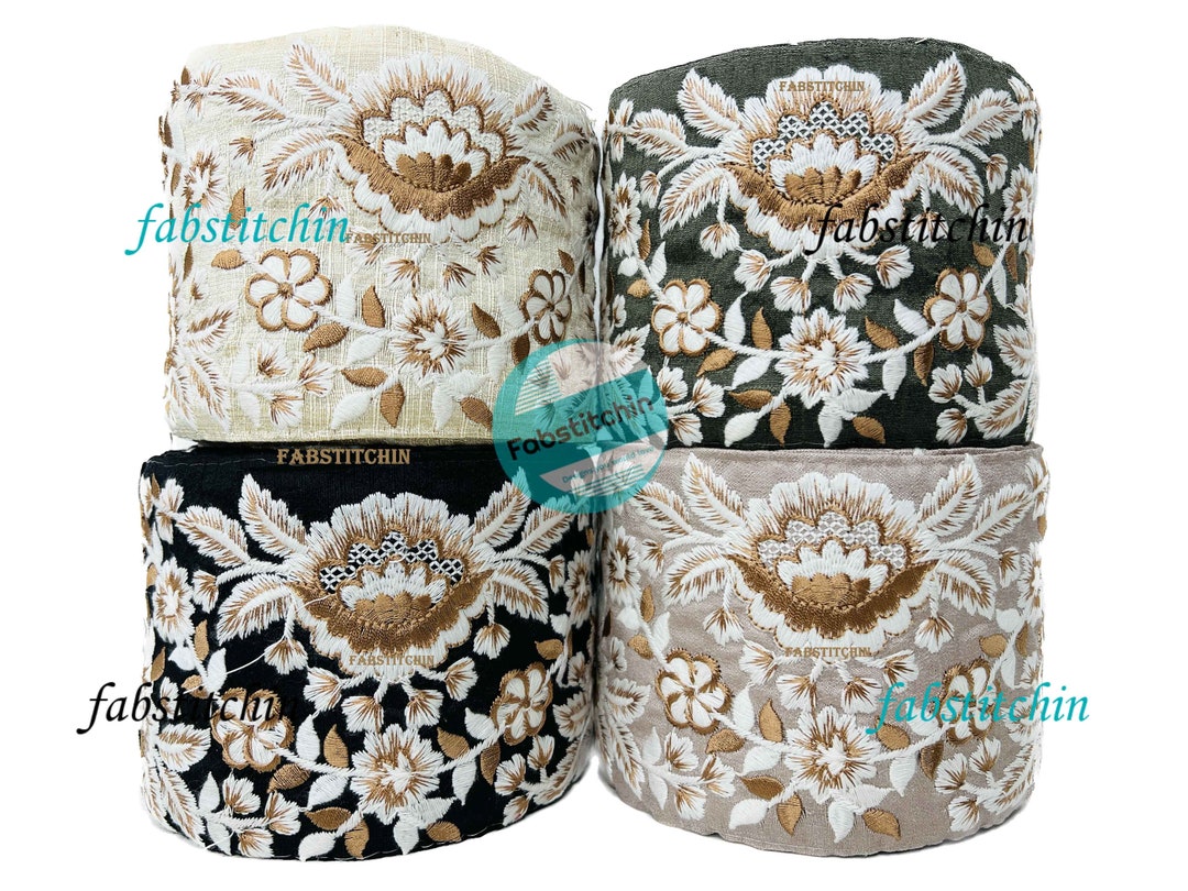 Sari Fabric Trim, Brown & White Color Thread Embroidered Saree Border ...