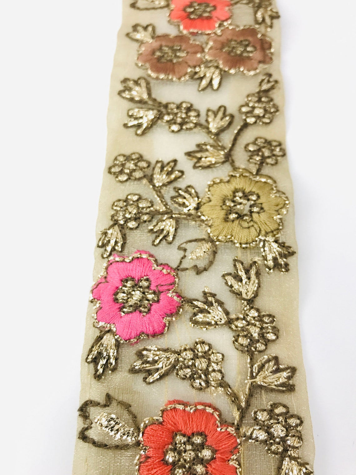 Buy Golden Floral Embroidered Net Fabric Border Ribbons Laces Online in ...