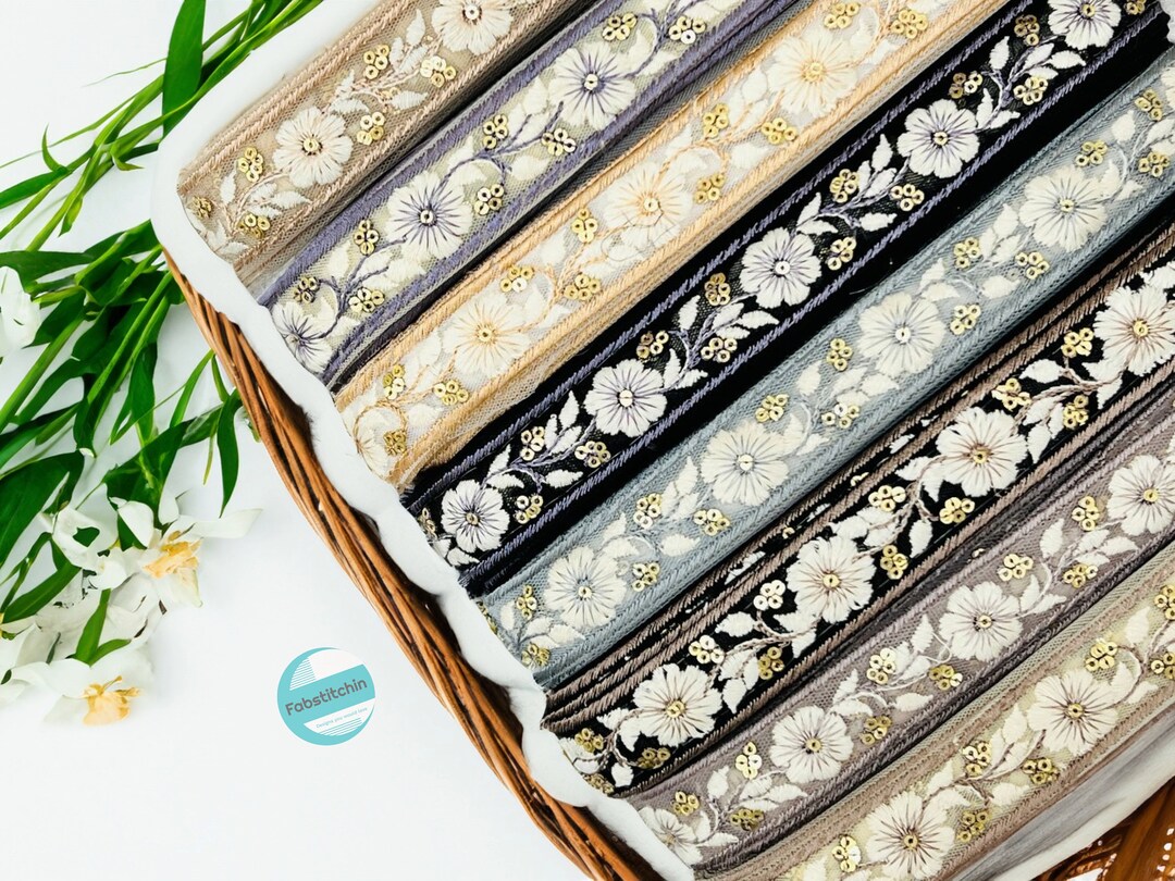 9 Yards Floral Embroidered Sari Ribbon Trims Embellishment Tape DIY ...