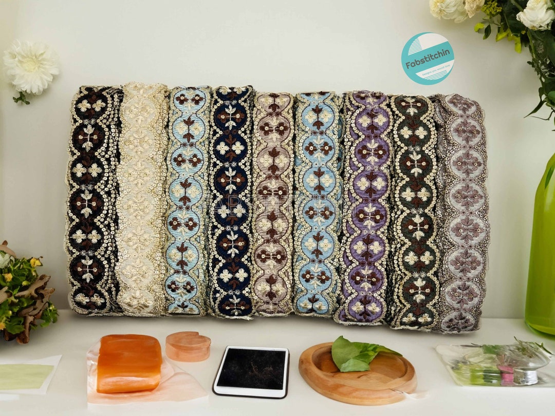 Trims by Yard From India Sari Fabric Trim, White Thread Embroidered ...