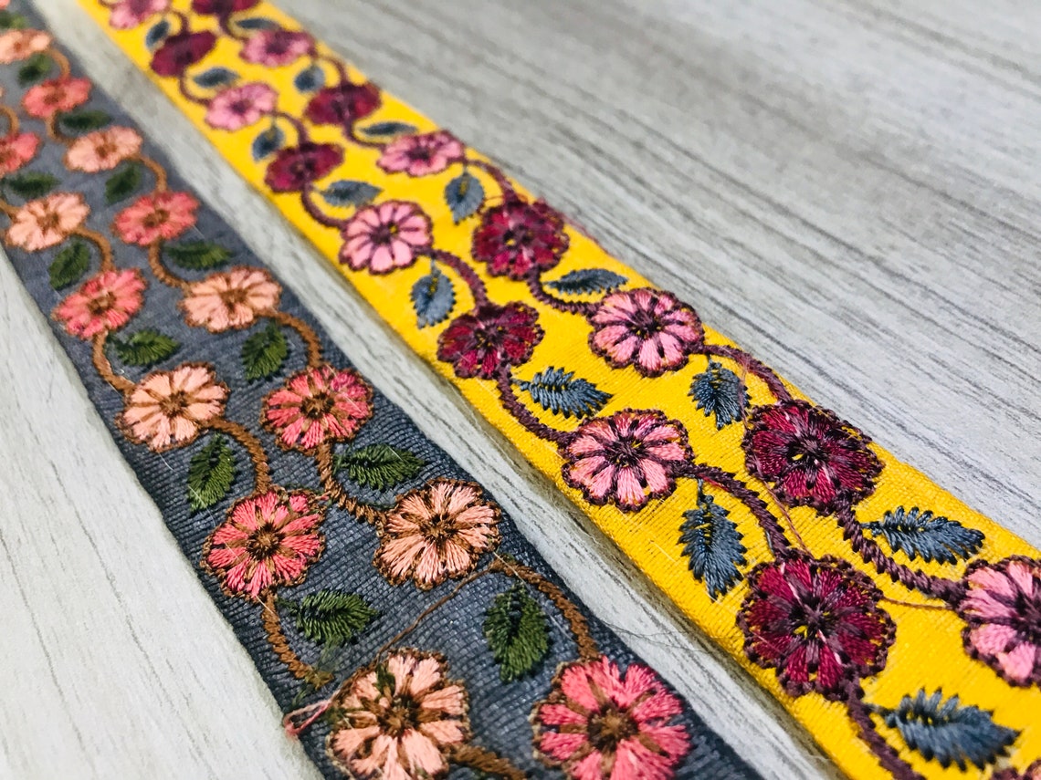 Beautiful Floral Embroidered Ribbon Beige Organza Fabric | Etsy