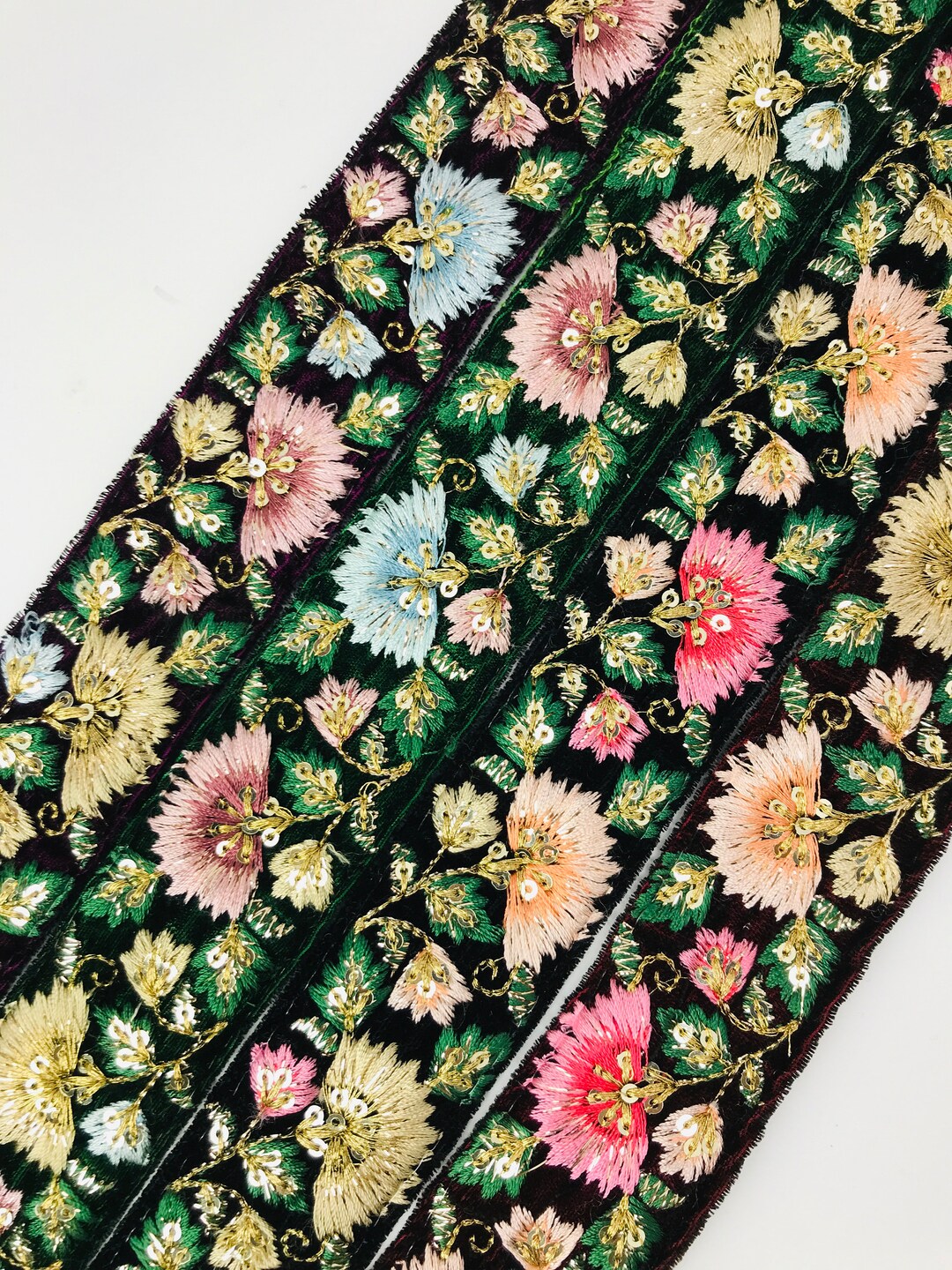 Beautiful Floral Embroidered Velvet Fabric Border, Ribbons, Laces ...