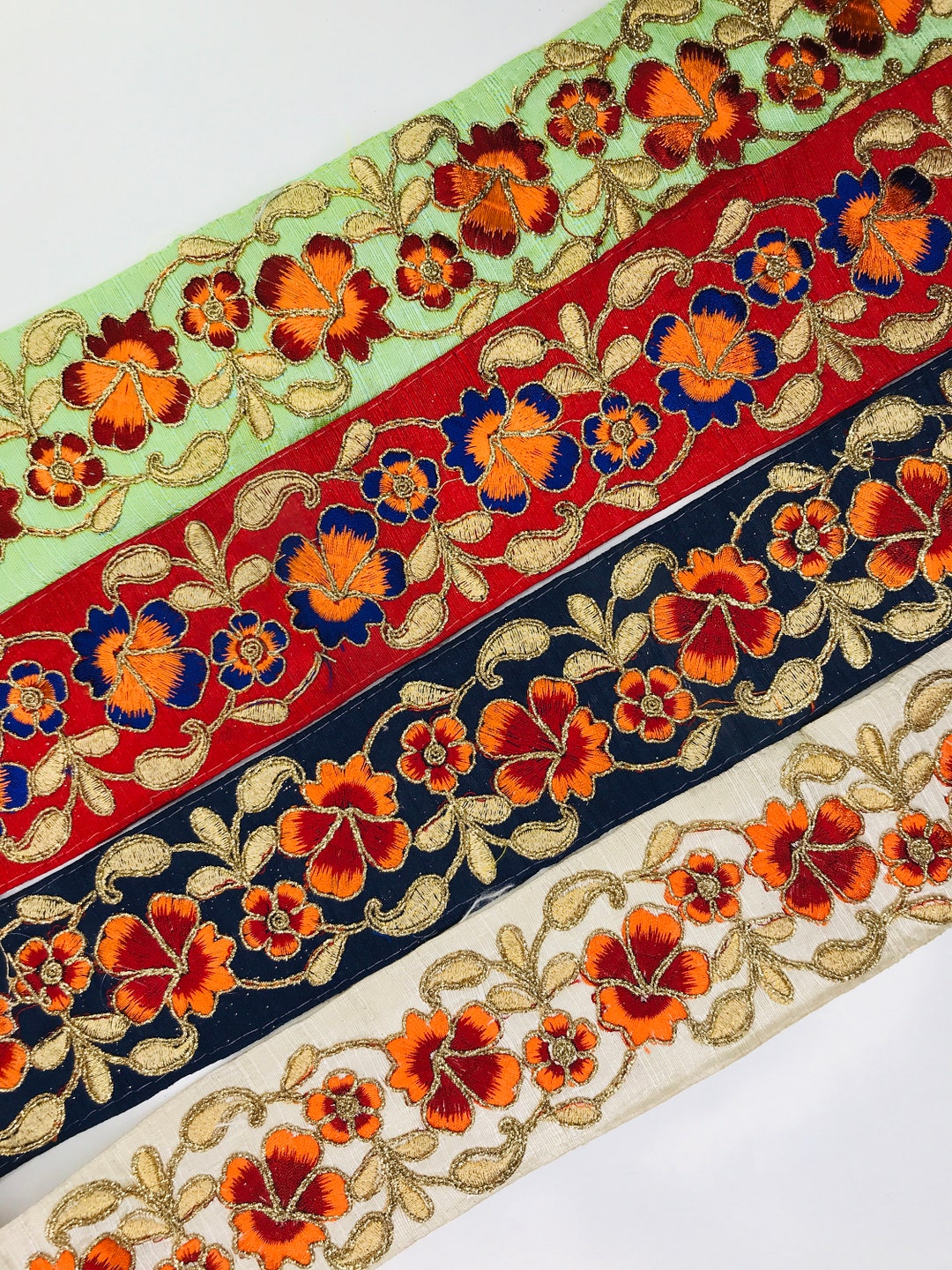 Beautiful Floral Embroidered Sari Fabric Trim-silk Ribbon-saree Border ...