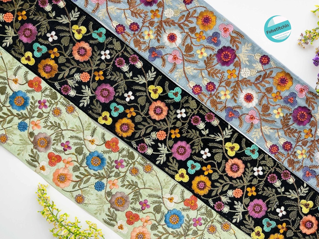 Multi Color Embroidered Sari Fabric Trim-silk Ribbon-saree Border ...