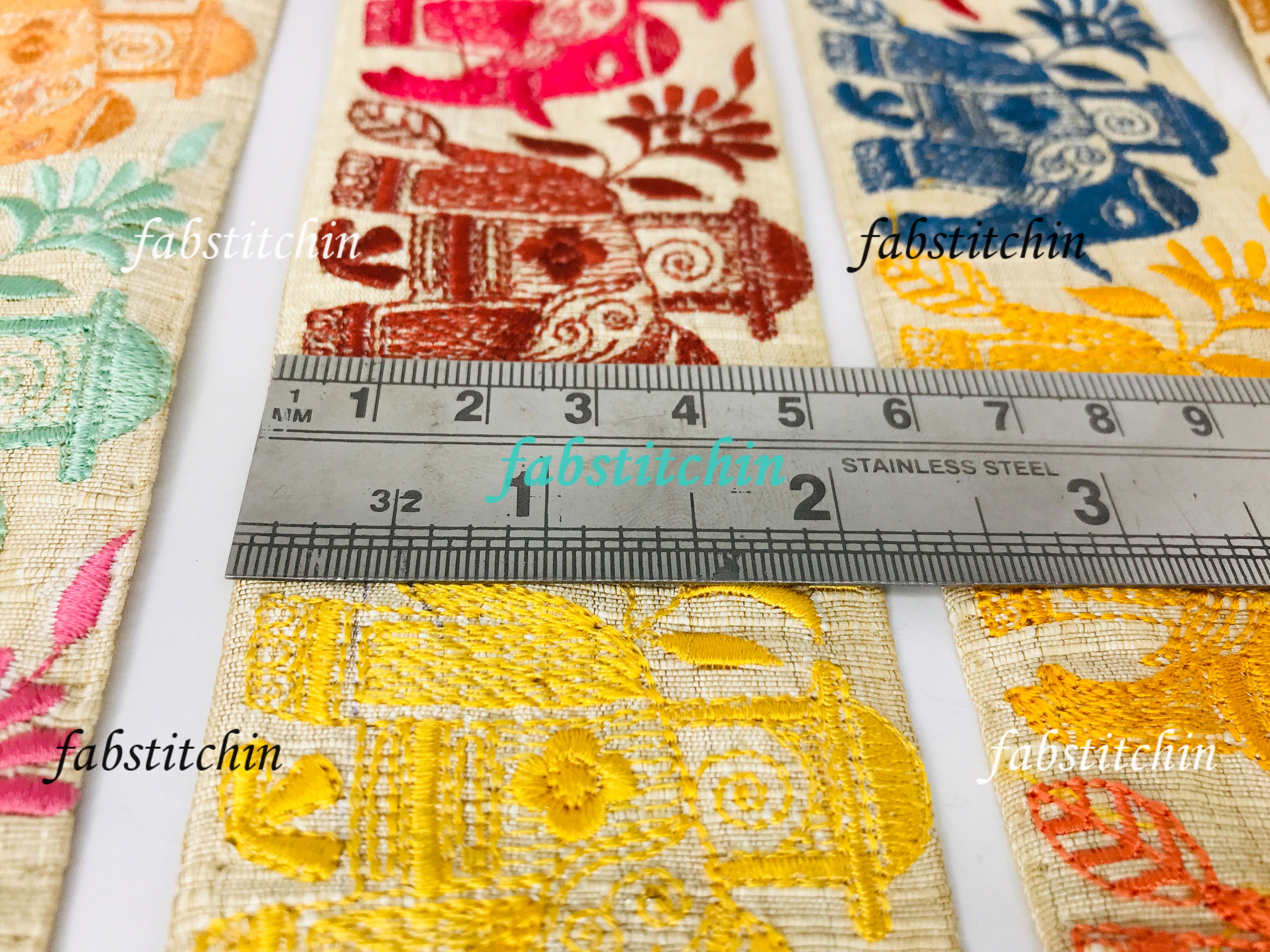 9 Yards Multi Colour Elephant Embroidered Beige Silk Fabric Trim- Sari ...